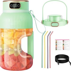 Multifunctional Portable Juicer Cup with Digital Display， Fruit Mixers Juicers Electric Juicer, Wireless Portable Blender Rechargeable for Shakes and Smoothies (Single bottle with two caps, Green)