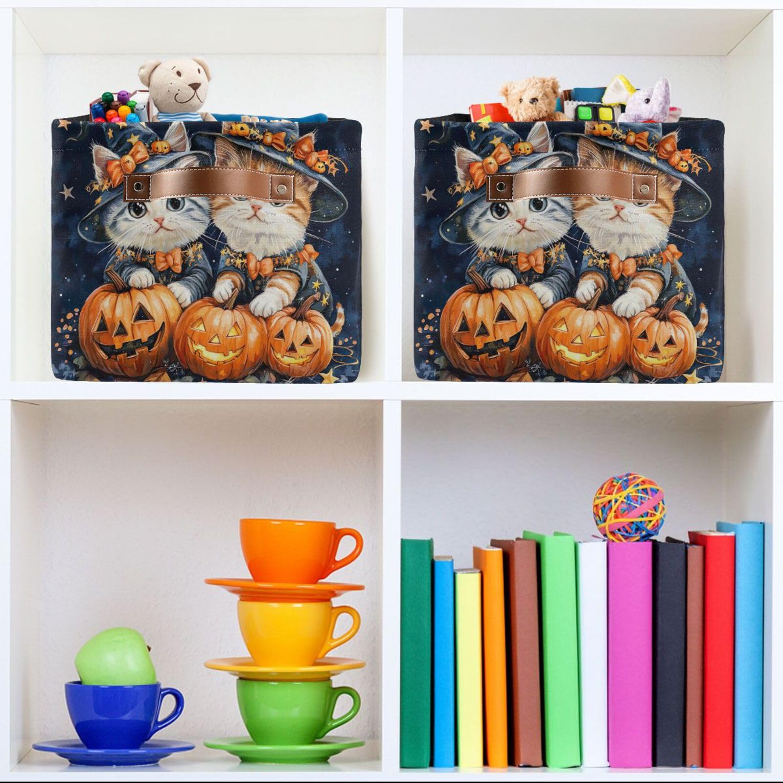 YETTASBIN Cute Halloween Cat Storage Basket 1PC, Large Collapsible Toys Clothes Organizer, Long-Lasting Canvas Storage Bin with Handle for Shelves Closet Laundry Home Office Decor