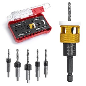 LEOMAUNYX 5 Pcs Countersink Drill Bit Set: Replaceable HSS M2 Tapered Bits - 82° Counter Bore with Adjustable Depth Stop, Carbide Drill Bits 1/4” Hex Shank for Wood, Plastic, Woodworking