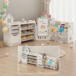 deygia foldable kids toy storage organizer with 10 removable bins and 3-tier bookshelf, 4 in 1 multifunctional large toy organizer with drawing board for kids bedroom playroom living room, off-white