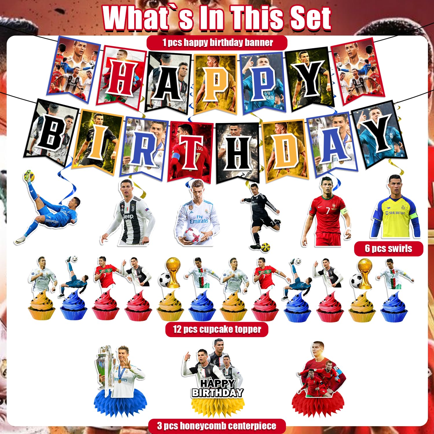 22pcs Soccer Star Party Decorations, Soccer Star Birthday Party Decorations Set includes Soccer Star Cupcake Topper, Banner, Centerpieces and Hanging Swirls, Soccer Star Birthday Decorations