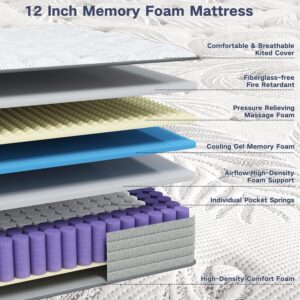 6V-Sermmoo Twin XL Mattress,12 Inch Hybrid XL Twin Mattress in a Box with Gel Memory Foam,Individually Pocket Springs for Pressure Relief,Edge Support,Medium Firm,CertiPUR-US,38"*80"*12"