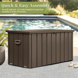 CHUNLY 150 Gallon Deck Storage Box with Lockable Lids, Outdoor Storage Bin with Mobility Rollers, Waterproof Patio Storage Box for Outside Furniture Cushions, Pillows & Garden Tools (Dark Brown)