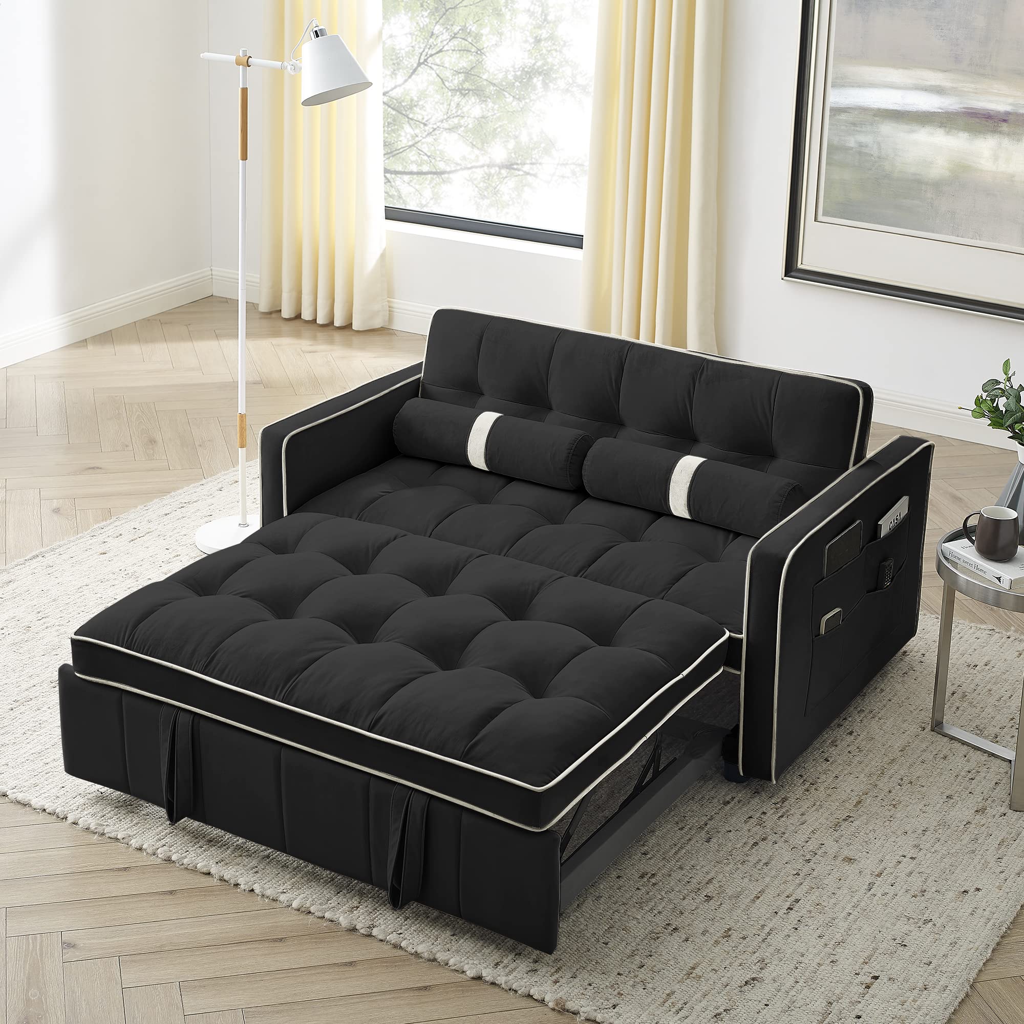 Ball & Cast 55.5" Convertible Sofa Bed, 3 in 1 Velvet Pull Out Couch with Side Pockets and Adjsutable Backrest, 2-Seater Sleeper Loveseat with Lumbar Pillows for Apartment Office Living Room,Black