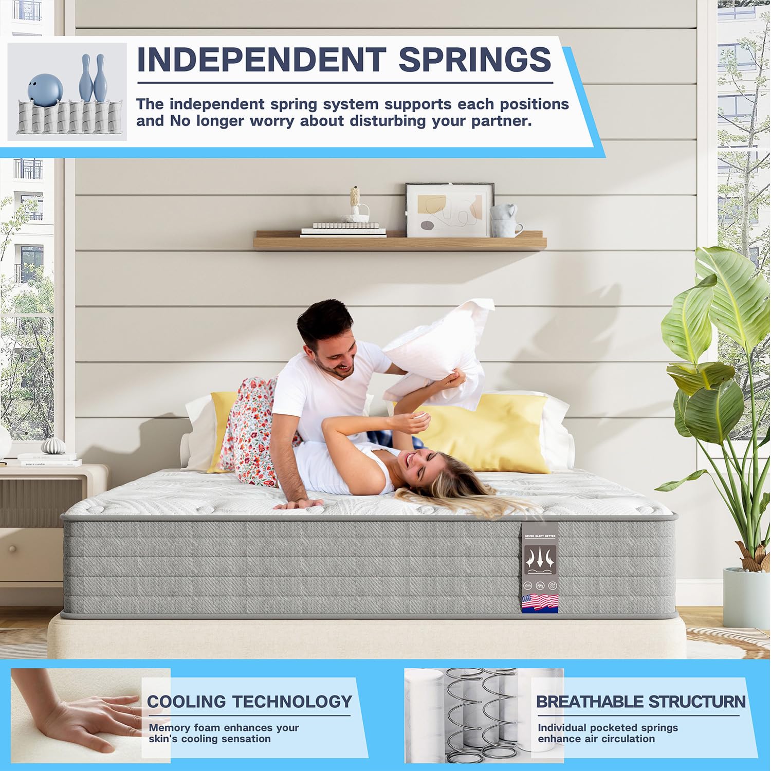 Queen Mattress,12 Inch Hybrid Queen Size Mattress in a Box with Gel Memory Foam,Individually Pocket Springs for Pressure Relief,Motion Isolation,Edge Support,Medium Firm,CertiPUR-US,60"*80"*12"