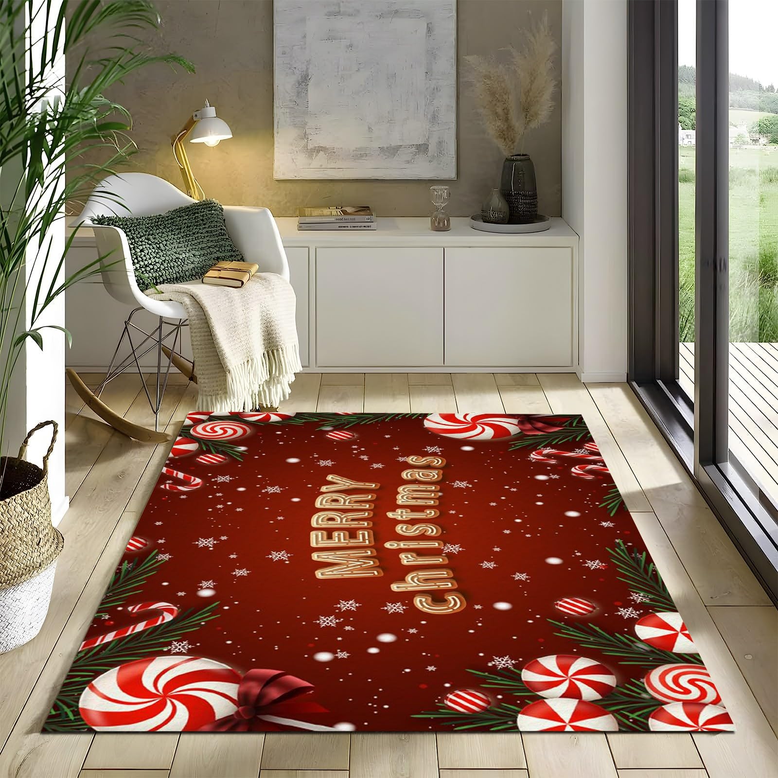 Christmas Theme Decor Red Area Rug 3x5 Rugs for Living Room, Carpet for Bedroom Non Slip Rug, Christmas Theme Decoration Lollipop Gift Red Washable Carpet for Dining Room Office