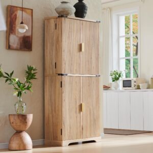 accohoho fluted pantry cabinet, 72" tall modern storage cabinet with 4 doors, organizer, drawer and adjustable shelves, wood cupboard for kitchen, dining room, living room and bathroom, natural oak