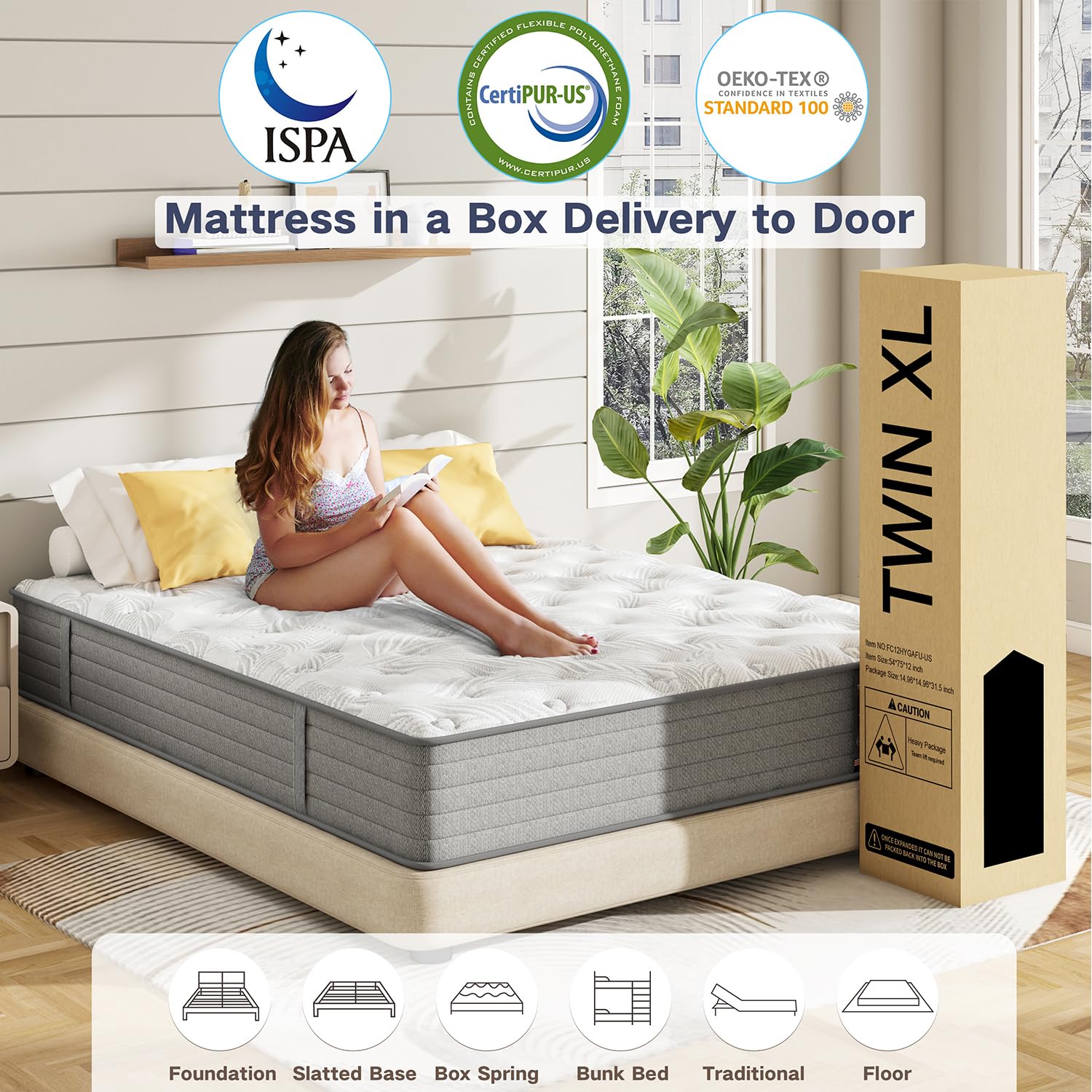 6V-Sermmoo Twin XL Mattress,12 Inch Hybrid XL Twin Mattress in a Box with Gel Memory Foam,Individually Pocket Springs for Pressure Relief,Edge Support,Medium Firm,CertiPUR-US,38"*80"*12"