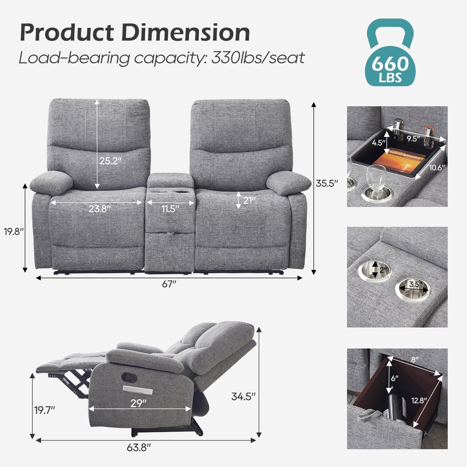 RIHEREFY Loveseat Recliner, Double Recliner Loveseat with Heat and Massage, Wall Hugger Loveseat Recliner, Manual Reclining Loveseat with Console for Living Room, Home Theater, RV(Dark Gray)