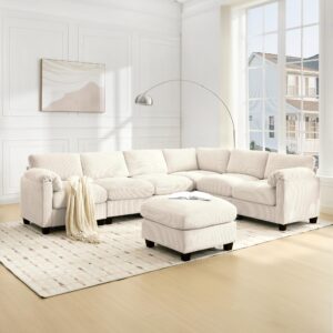 bumblr oversized corduroy sectional couches for living room with movable ottoman, 6 seater modern convertible l shaped modular sectional sofa with reversible chaise, comfy corner sofa couch set, beige