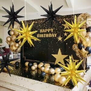 HILAVO 6PCS Black Gold Star Balloons, 22Inch Large Explosion Star Balloon Foil Balloons Spike Balloons Star Cone Balloons for Graduation Retirement Birthday New Year Party Decoration