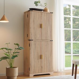 ACCOHOHO Fluted Pantry Cabinet, 72" Tall Modern Storage Cabinet with 4 Doors, Organizer, Drawer and Adjustable Shelves, Wood Cupboard for Kitchen, Dining Room, Living Room and Bathroom, Natural Oak