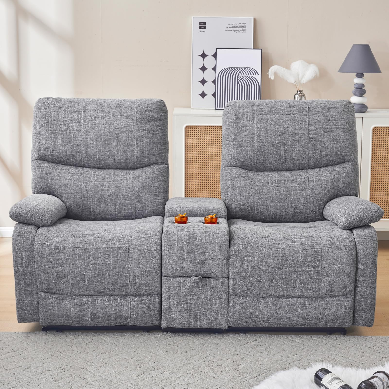 RIHEREFY Loveseat Recliner, Double Recliner Loveseat with Heat and Massage, Wall Hugger Loveseat Recliner, Manual Reclining Loveseat with Console for Living Room, Home Theater, RV(Dark Gray)