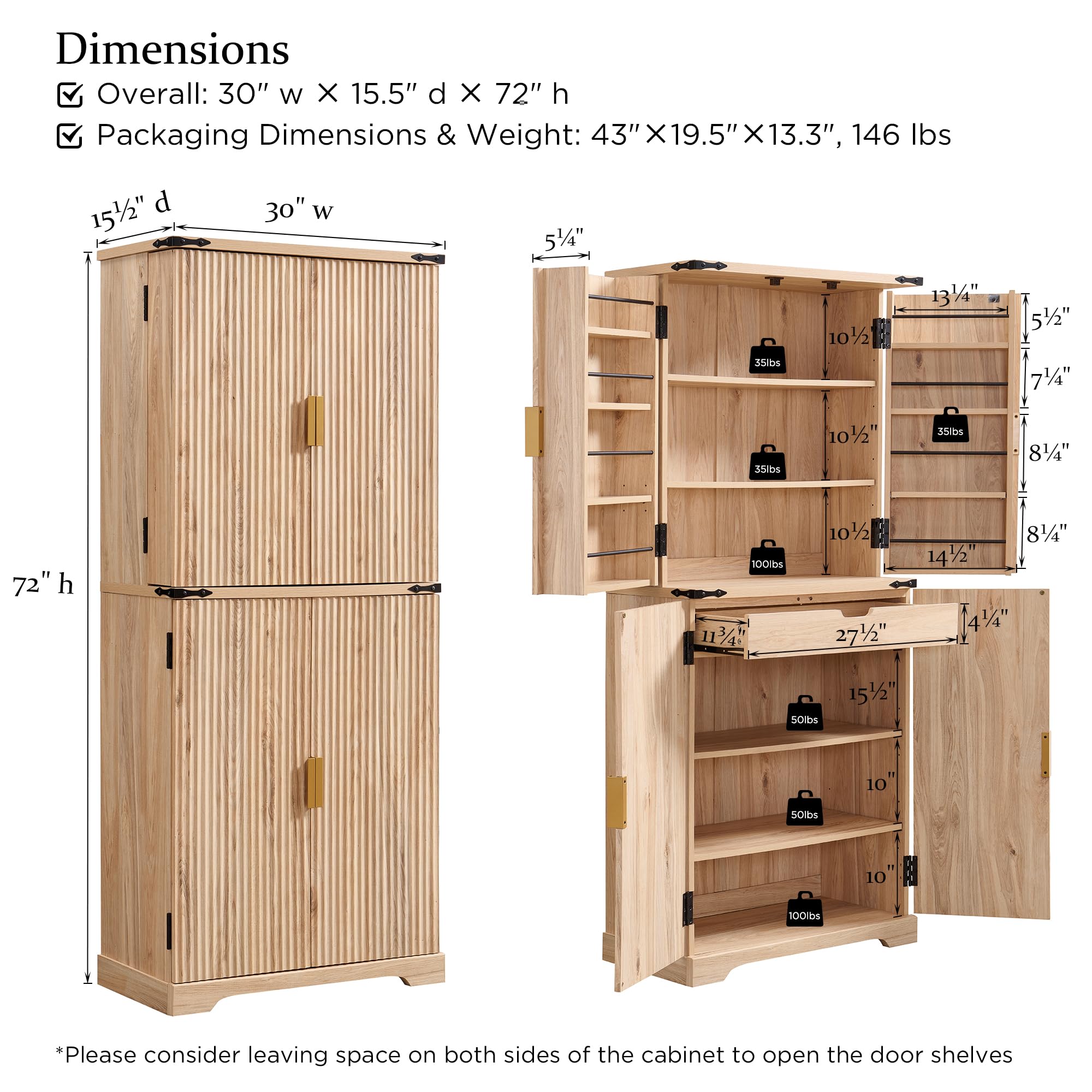 ACCOHOHO Fluted Pantry Cabinet, 72" Tall Modern Storage Cabinet with 4 Doors, Organizer, Drawer and Adjustable Shelves, Wood Cupboard for Kitchen, Dining Room, Living Room and Bathroom, Natural Oak