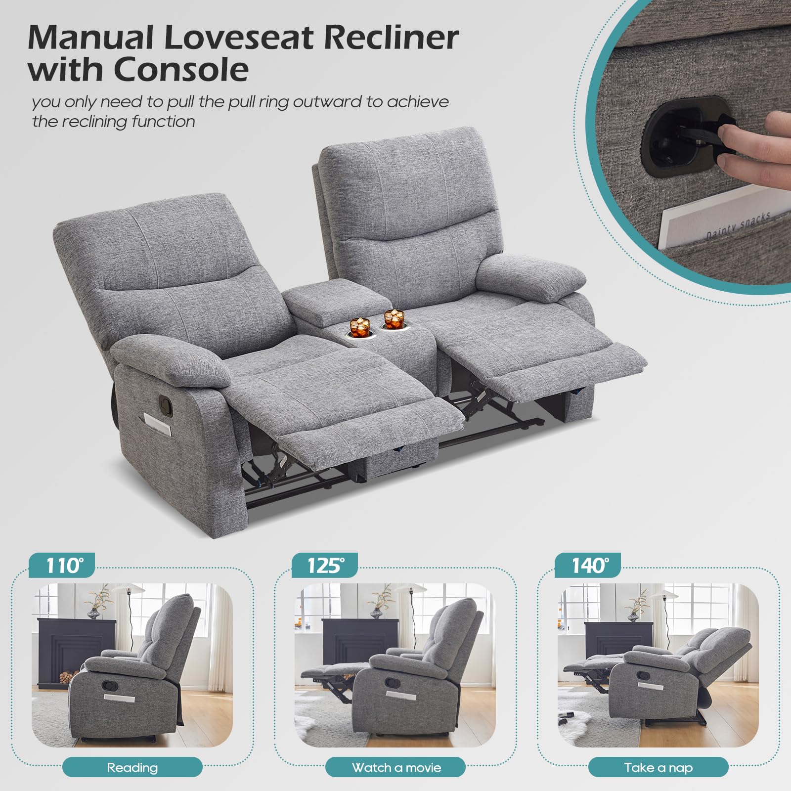 RIHEREFY Loveseat Recliner, Double Recliner Loveseat with Heat and Massage, Wall Hugger Loveseat Recliner, Manual Reclining Loveseat with Console for Living Room, Home Theater, RV(Dark Gray)