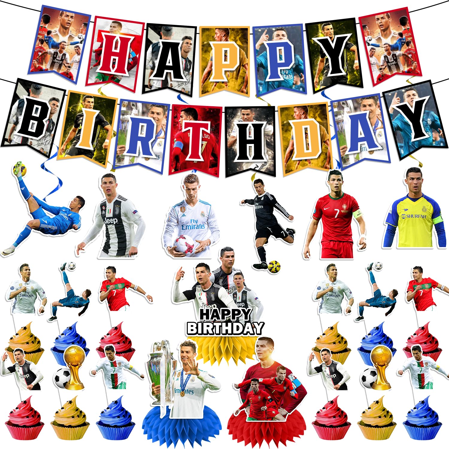 22pcs Soccer Star Party Decorations, Soccer Star Birthday Party Decorations Set includes Soccer Star Cupcake Topper, Banner, Centerpieces and Hanging Swirls, Soccer Star Birthday Decorations