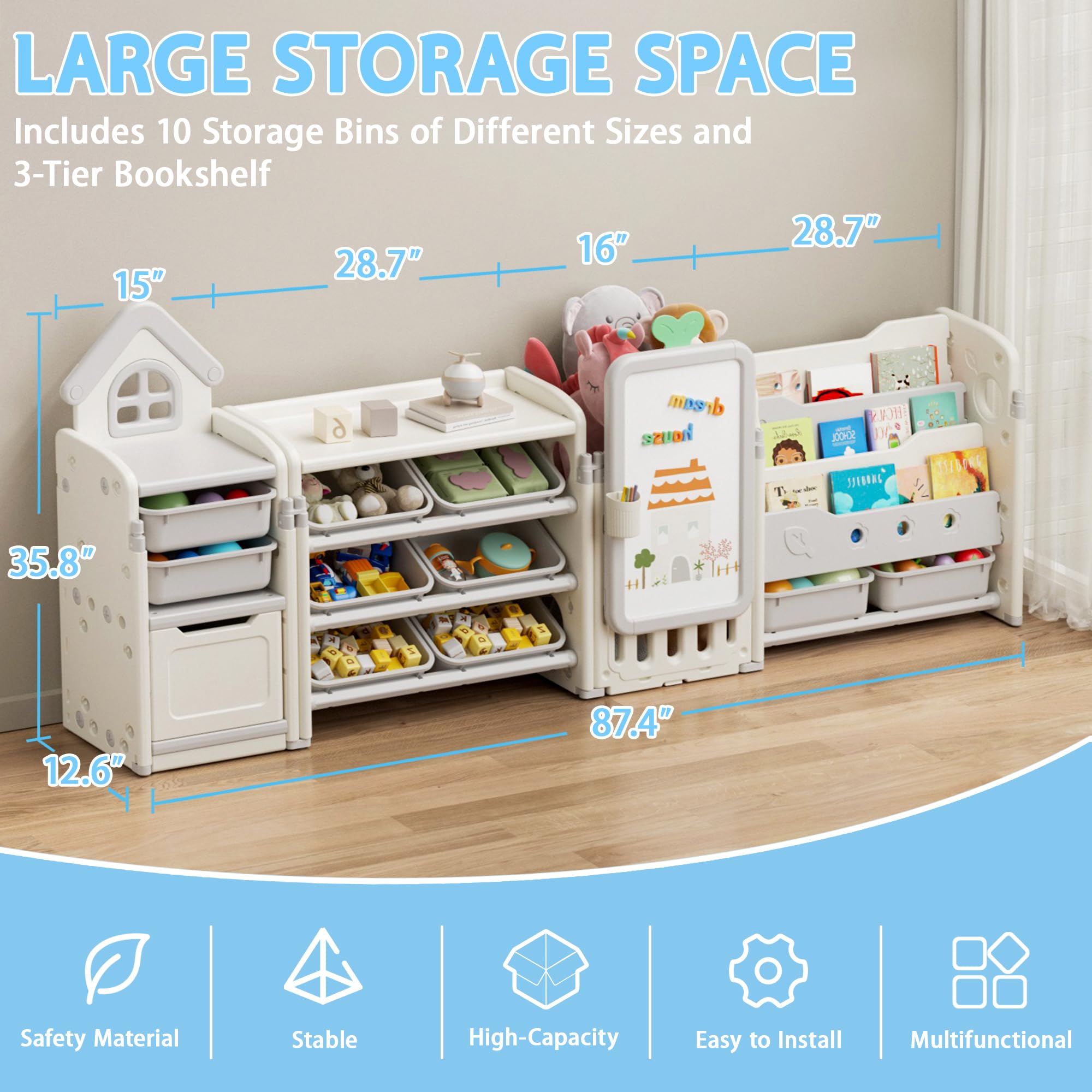 DEYGIA Foldable Kids Toy Storage Organizer with 10 Removable Bins and 3-Tier Bookshelf, 4 in 1 Multifunctional Large Toy Organizer with Drawing Board for Kids Bedroom Playroom Living Room, Off-White