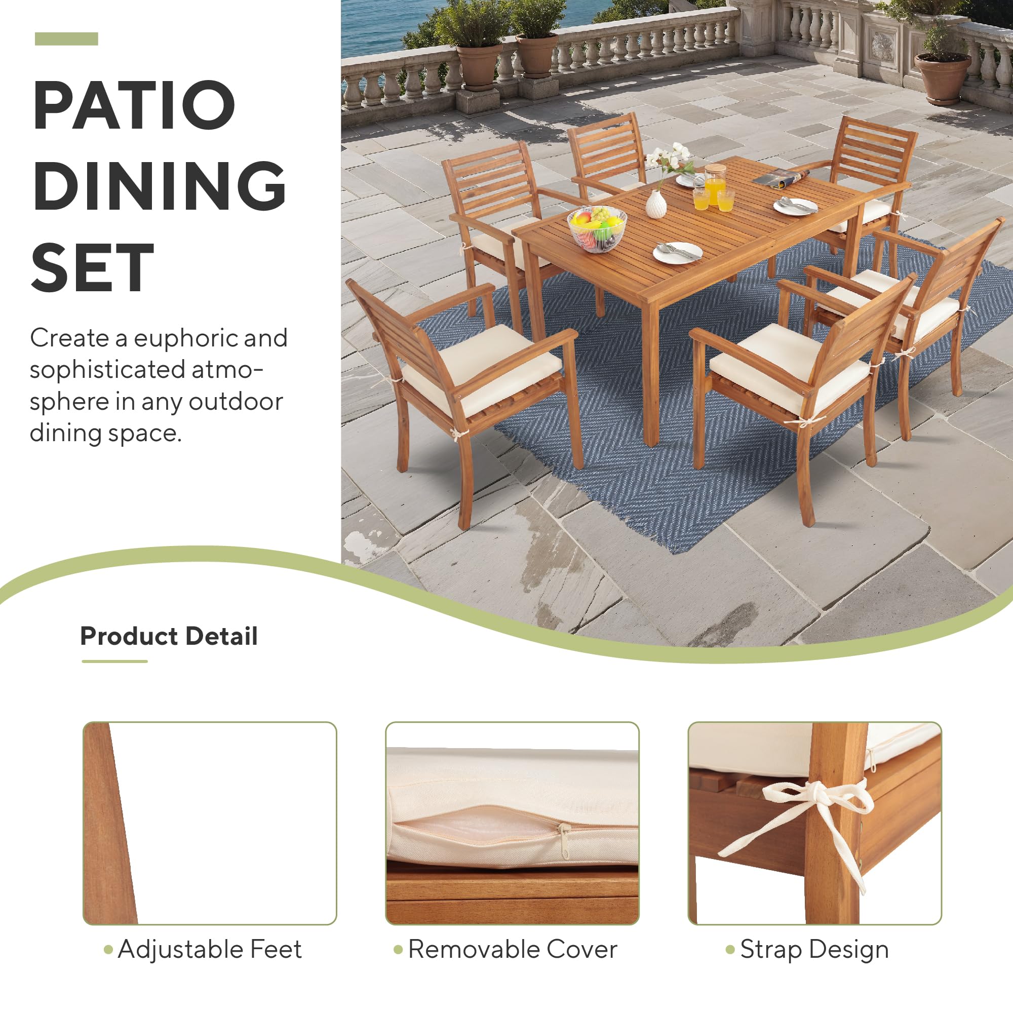 Olaterior Acacia Wood Patio Dining Chairs, Outdoor Dining Chairs Set of 6, Stackable Patio Wooden Chair with Armrests & Removeable Cushions for Backyard, Garden, Indoor, Cream