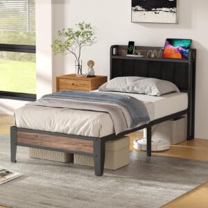 Twin Size Bed Frame with Headboard and Charging Station Storage Fabric Upholstered Headboard with Outlet 12 Inch Heavy Duty Metal Platform Bed with Steel Slat Support Anti-Slip Easy Assembly Black