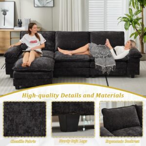 L Shaped Couch Sectional Sofa Couch with Ottoman, Cloud Couch Sectional Couches for Living Room, Modern Modular Sectional Sofa Sleeper Sofa Comfy Upholstered Furniture for Apartment (Black, 4-Seater)