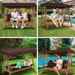 GarveeLife Wooden Patio Swing with Adjustable Canopy, 3-Seater Wood Patio Swing Bench with Removable Cushion, Patio Swing Glider with Flatbed for Backyard Garden Balcony Poolside, Brown