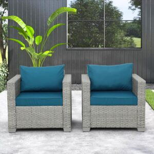 WAROOM Outdoor Sofa Wicker Patio Chairs Set of 2, Porch Single Chair Grey Rattan Deep Seating Armchair Balcony Furniture with Peacock Blue Cushion