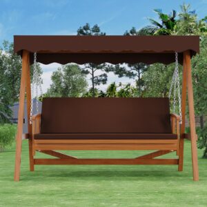 GarveeLife Wooden Patio Swing with Adjustable Canopy, 3-Seater Wood Patio Swing Bench with Removable Cushion, Patio Swing Glider with Flatbed for Backyard Garden Balcony Poolside, Brown