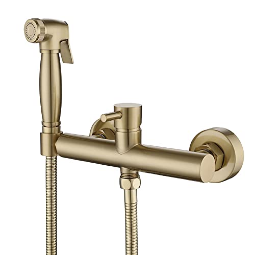 MINJING Handheld Bidet Sprayer for Toilet, Baby Cloth Diaper Sprayer Hot and Cold Water Toilet Sprayer Wall Mounted Handheld Sprayer Kit, Brass, High Pressure, Adjustable Water Pressure, Brushed Gold