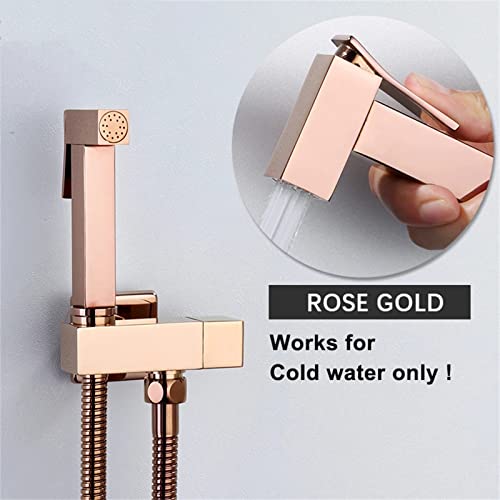 MINJING Bidet Faucet, Single Cold Solid Brass Rose Gold Handheld Toilet Bidet Sprayer Douche Kit, Square Bathroom Shattaf Shower Head,1m Shower Hose