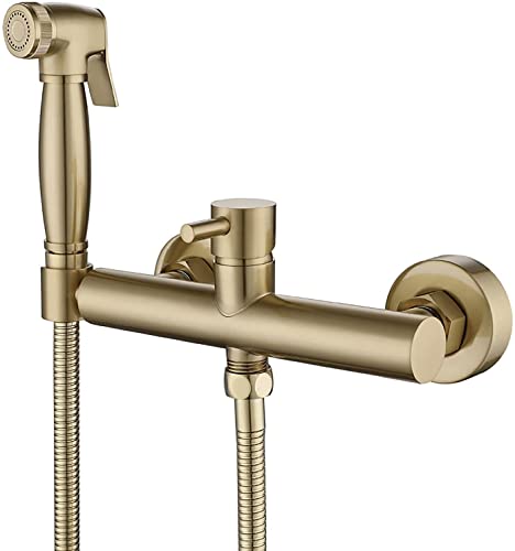 MINJING Handheld Bidet Sprayer for Toilet, Baby Cloth Diaper Sprayer Hot and Cold Water Toilet Sprayer Wall Mounted Handheld Sprayer Kit, Brass, High Pressure, Adjustable Water Pressure, Brushed Gold