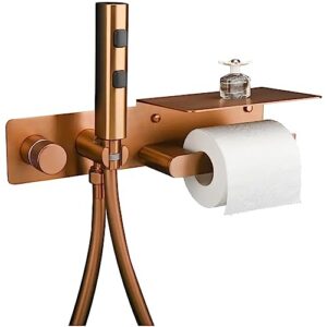 minjing 2in1 bidet sprayer for toilet with paper holder, hot and cold brass rough-in valve, stainless steel handheld bidet attachment set for feminine, pets and baby diaper wash, rose gold