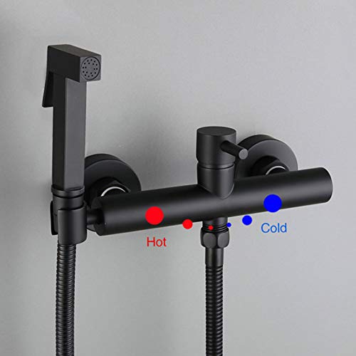 MINJING Hand Held Bidet Warm Water, Soild Brass Bidet Sprayer for Toilet, Wall Mounted Bidet Faucet Black, Hot and Cold Water Mixer Tap, Cloth Diaper Toilet Sprayer,8.5cm