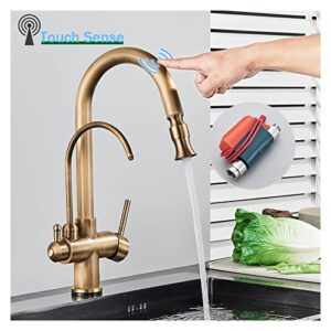 Touch Sensor Filtered Water Kitchen Faucet Antique Brass Spout Mixer Faucet with Swivel Pure Water Crane for Kitchen(Black Gold)