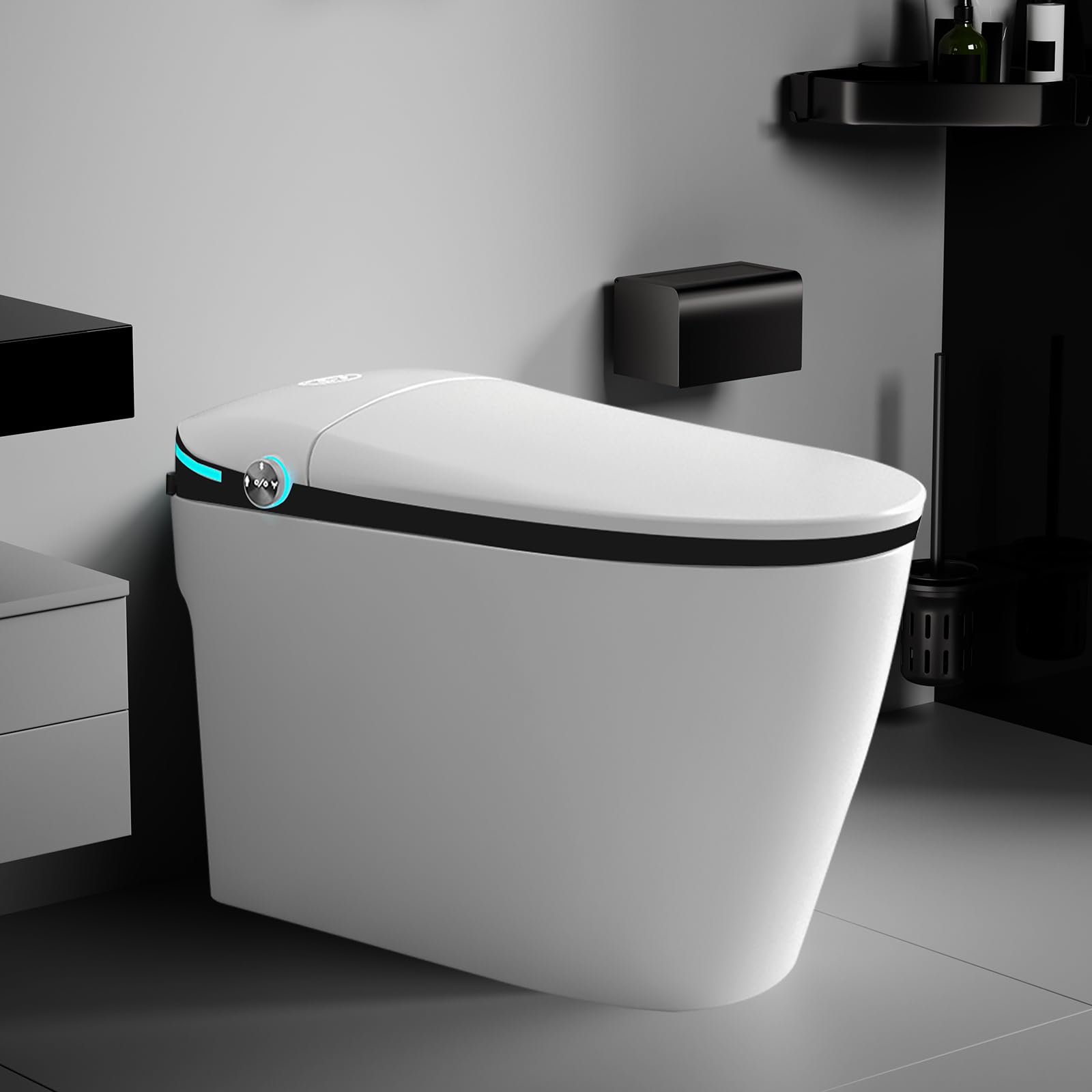 WinZo Luxury Smart Toilet, 1.28 Intelligent Bidet Toilet with Auto Flush, Heated Seat with Warm Water and Dryer, Modern Tankless Design with Remote Control, Night Light, White