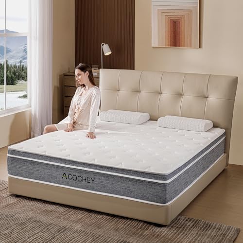 Acochey12 Inch King Mattress Memory Foam and Spring Hybrid King Size Mattresses,Medium Firm Feel Grey Mattress in a Box, Quality Comfort and Adaptive Support Breathable Cooling King Mattresses.