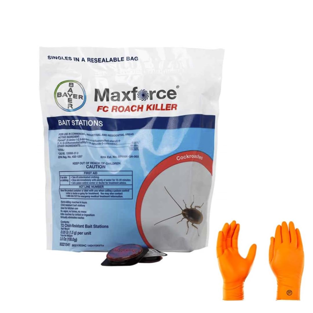 Maxforce FC Roach Bait Stations 72 Count | Premium USA Supply Gloves for Safe Eradication | USA Supply Pest ID Card