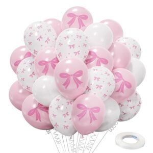 60pcs pink latex bow balloons set, 12" pastel pink white bow latex balloon for birthday party bachelorette decorations bridal engagement wedding bow theme coquette supplies (pink white)