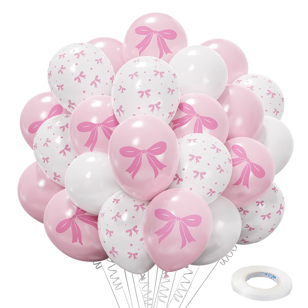 60Pcs Pink Latex Bow Balloons Set, 12" Pastel Pink White Bow Latex Balloon for Birthday Party Bachelorette Decorations Bridal Engagement Wedding Bow Theme Coquette Supplies (Pink white)