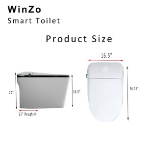 WinZo Luxury Smart Toilet, 1.28 Intelligent Bidet Toilet with Auto Flush, Heated Seat with Warm Water and Dryer, Modern Tankless Design with Remote Control, Night Light, White