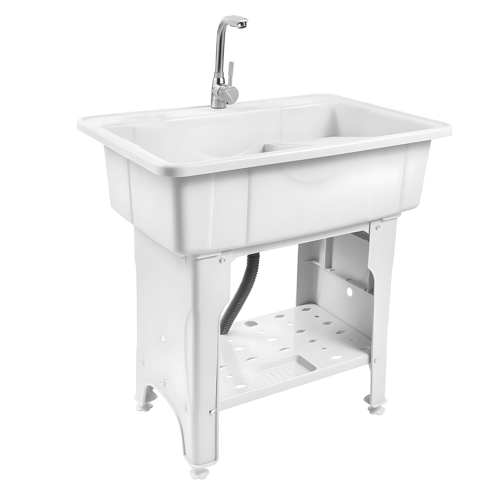 Utility Sink Laundry Tub, Freestanding Utility Sink,With Hot and Cold Faucet, Valves Drain Pipe, Heavy Duty Slop Sinks For Washing Room, Basement, Garage or Shop, Large Free Standing Wash (White)