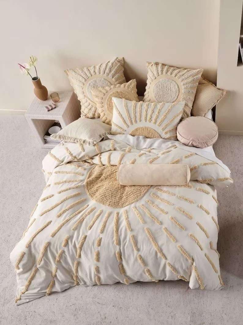 HANDICRAFT HANDLOOM Queen Size Duvet Cover Boho Bedding Queen Tufted Duvet Covers for All Season 1 Duvet Cover 2 Pillow Shams Shabby Chic Bedding Home Bedding Duvet Cover (Ivory-Queen-90x90)