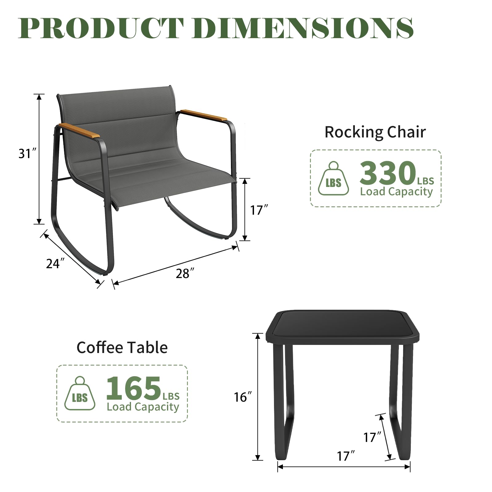 Amopatio Outdoor Table and Chair Set 3 Piece, Patio Rocking Chairs, Breathable Textilene Fabric Patio Furniture Set for Porch, Poolside, Deck, Outdoor Terrace, Balcony, Garden, Dark Grey