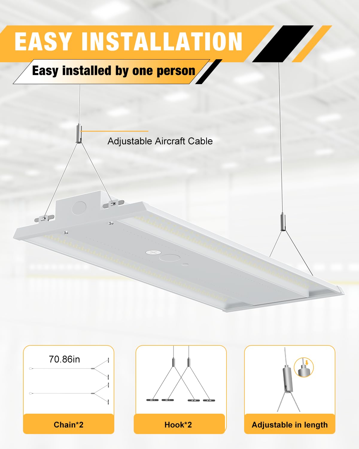 JC-LGL 210W LED Linear High Bay Light with PIR Sensor，LED High Bay Shop Lights Fixture, Compatible with Industrial 120-277V, LED Linear High Bay Light for Shop Garage Warehouse