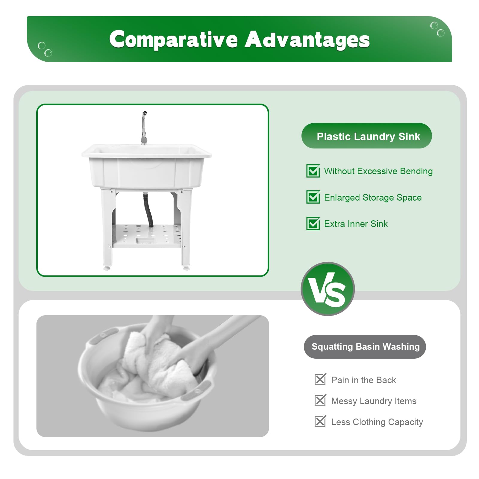 Utility Sink Laundry Tub, Freestanding Utility Sink,With Hot and Cold Faucet, Valves Drain Pipe, Heavy Duty Slop Sinks For Washing Room, Basement, Garage or Shop, Large Free Standing Wash (White)