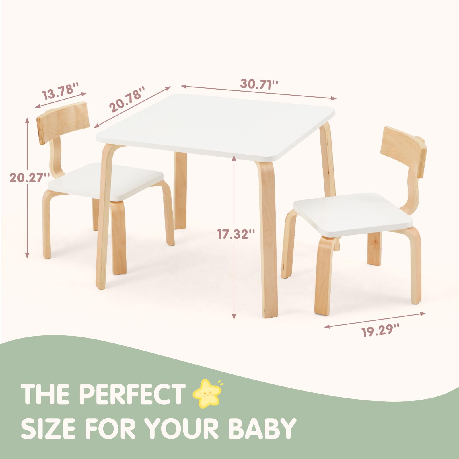 Danrelax Kids Table and Chairs Set - Children Activity Table w/ 2 Chairs, Kids Desk and Chair Set with Durable Birch Veneer, Playroom Daycare Furniture for Drawing, Reading, White Solid Wood