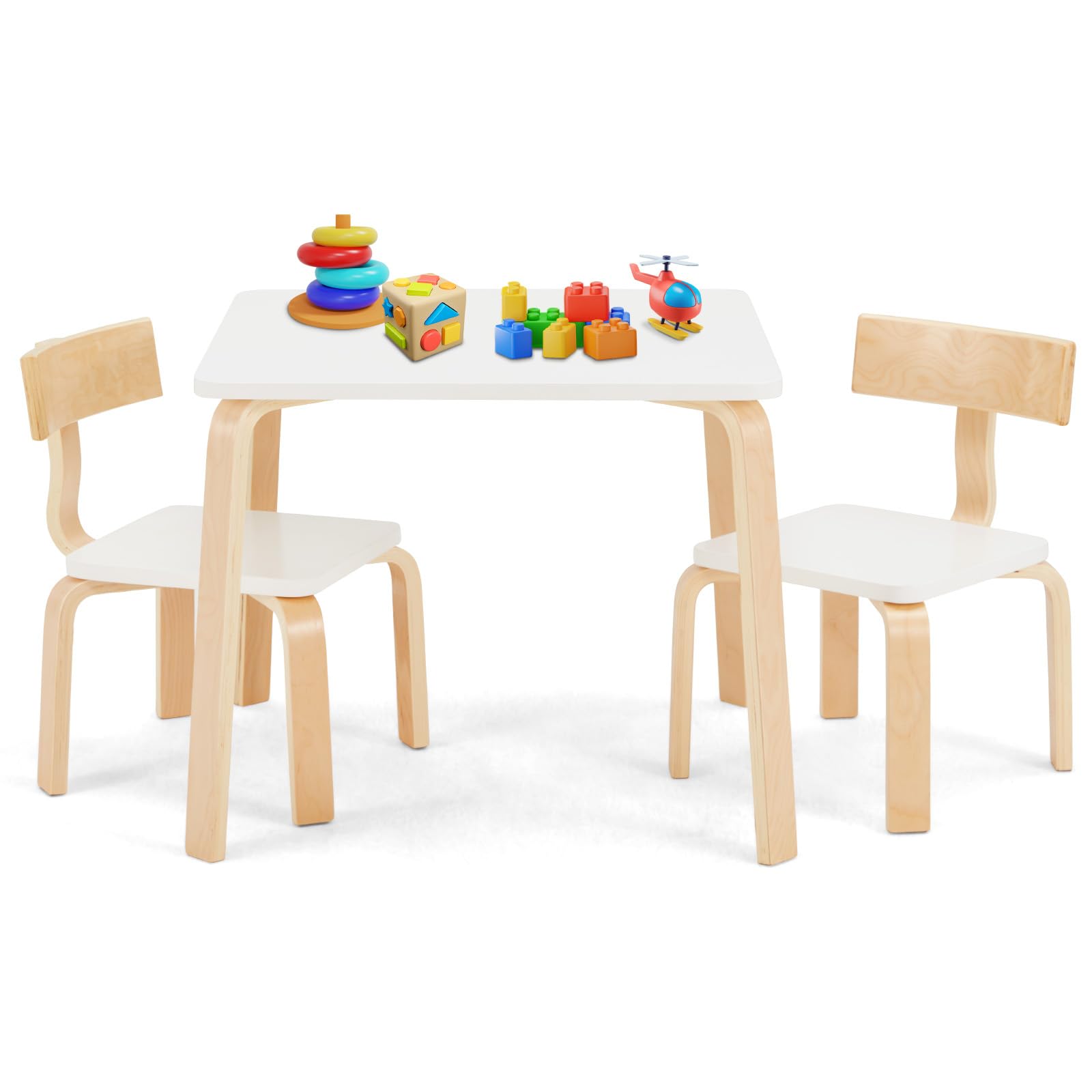 Danrelax Kids Table and Chairs Set - Children Activity Table w/ 2 Chairs, Kids Desk and Chair Set with Durable Birch Veneer, Playroom Daycare Furniture for Drawing, Reading, White Solid Wood