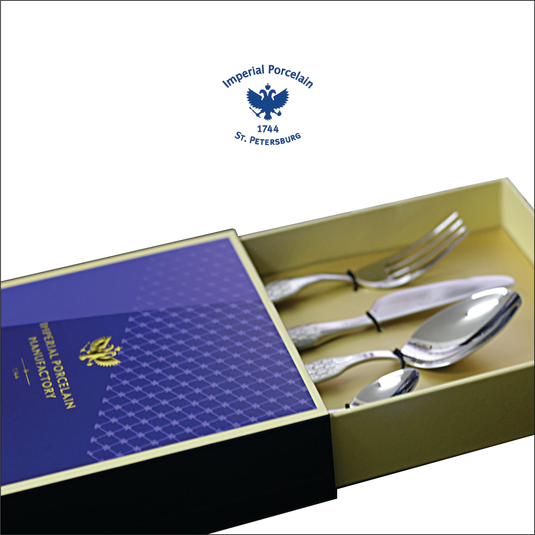 Lomonosov Imperial Porcelain Cobalt Net Blue Silverware Stainless Steel (Spoon, Fork, Knife) 4 Piece Set