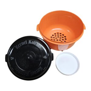 APSI Store Kernel Katcher Popcorn Bowl Set - Popcorn Sifter Shaker Kernel Catcher and Separator, Large and Reusable With Lid, Dishwasher Safe, Recycled Plastic with Handle (Orange and Black)