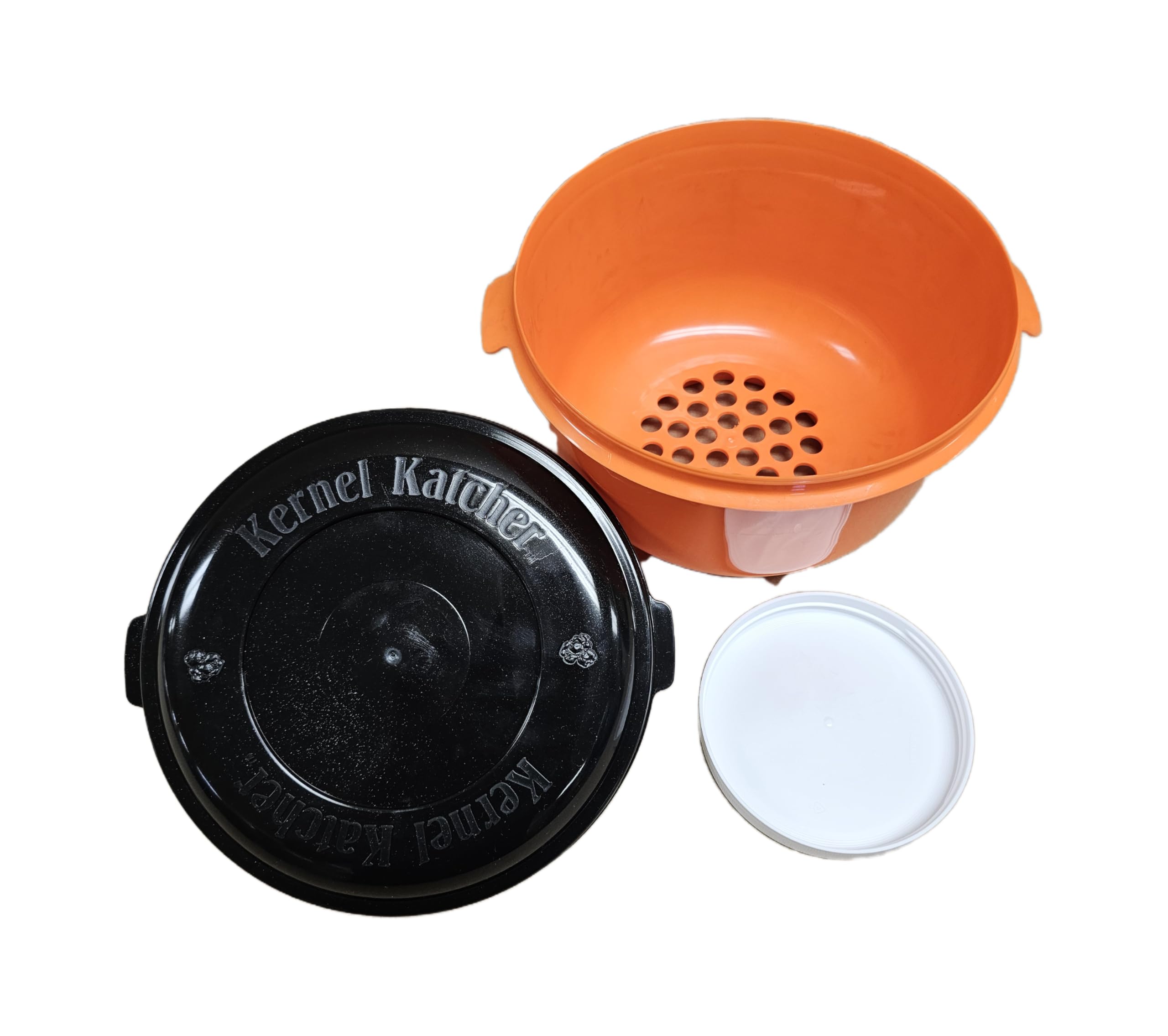 APSI Store Kernel Katcher Popcorn Bowl Set - Popcorn Sifter Shaker Kernel Catcher and Separator, Large and Reusable With Lid, Dishwasher Safe, Recycled Plastic with Handle (Orange and Black)