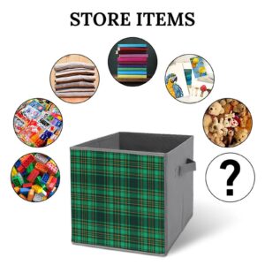 CWECVWE Fabric Storage Cubes Green Scottish Tartan Plaid, Pack of 2 Foldable Storage Bins with Handles for Organizing Pantry, Closet, Shelf, Toy Box, Cubby